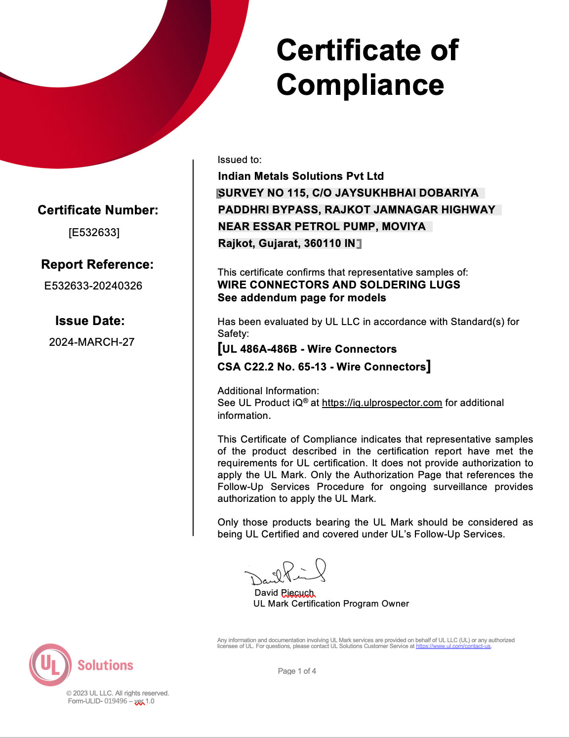 IMS - UL Certificate